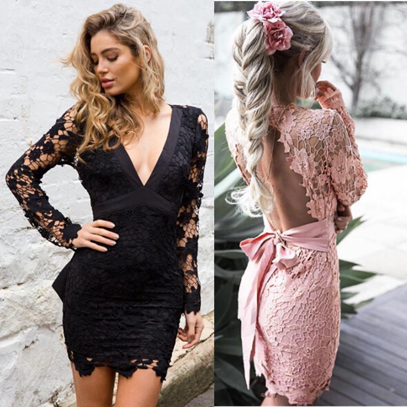 Buy Women's Sexy Deep V Open Back Slim Lace Dress Evening Dress at ...