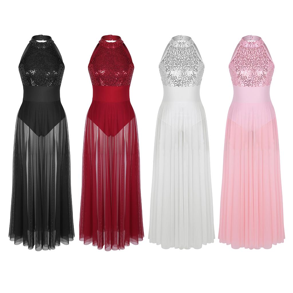 Buy Women Adult Halter Sequined Mesh Maxi Dress Ballet Lyrical Dancing ...