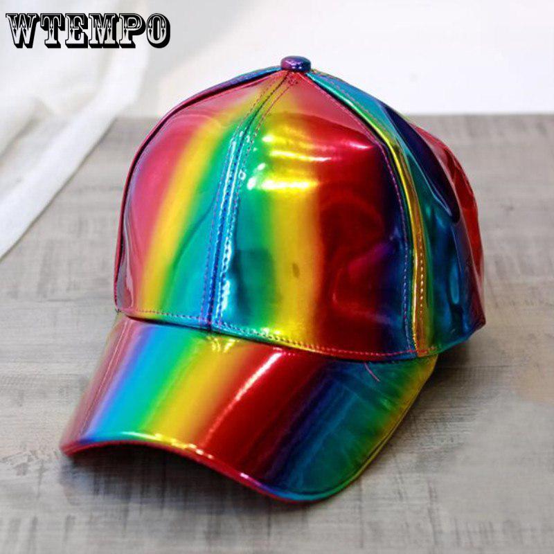 Buy Women Men Color Gradient Shiny Metallic Laser Leather Snapback ...