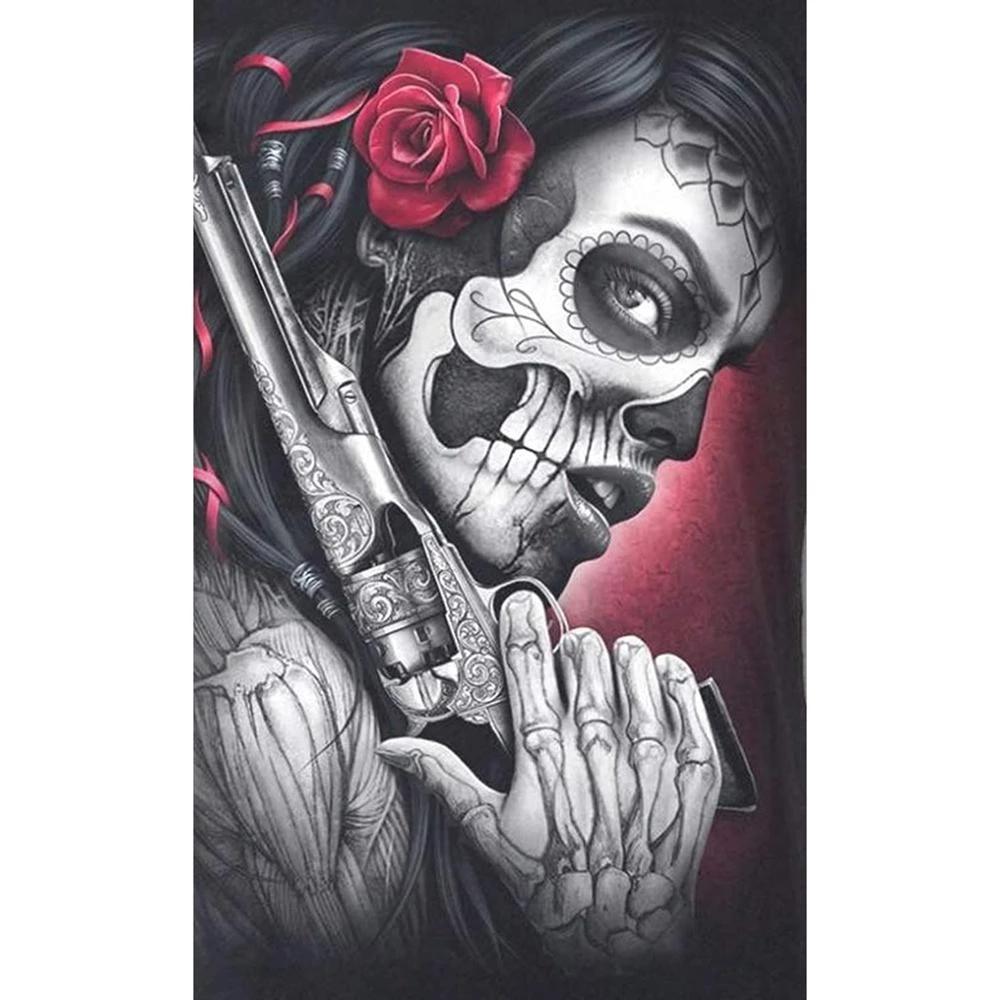 5D Diy Diamond Painting Sugar Skull Girl with Gun Full Drill Embroidery ...