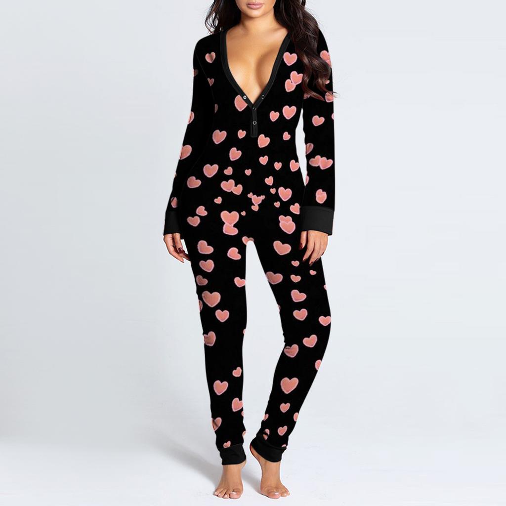 Kadın Baskı Uzun Kollu Düğme Flap Gecelik Tulum Bodysuit Playsuit ...
