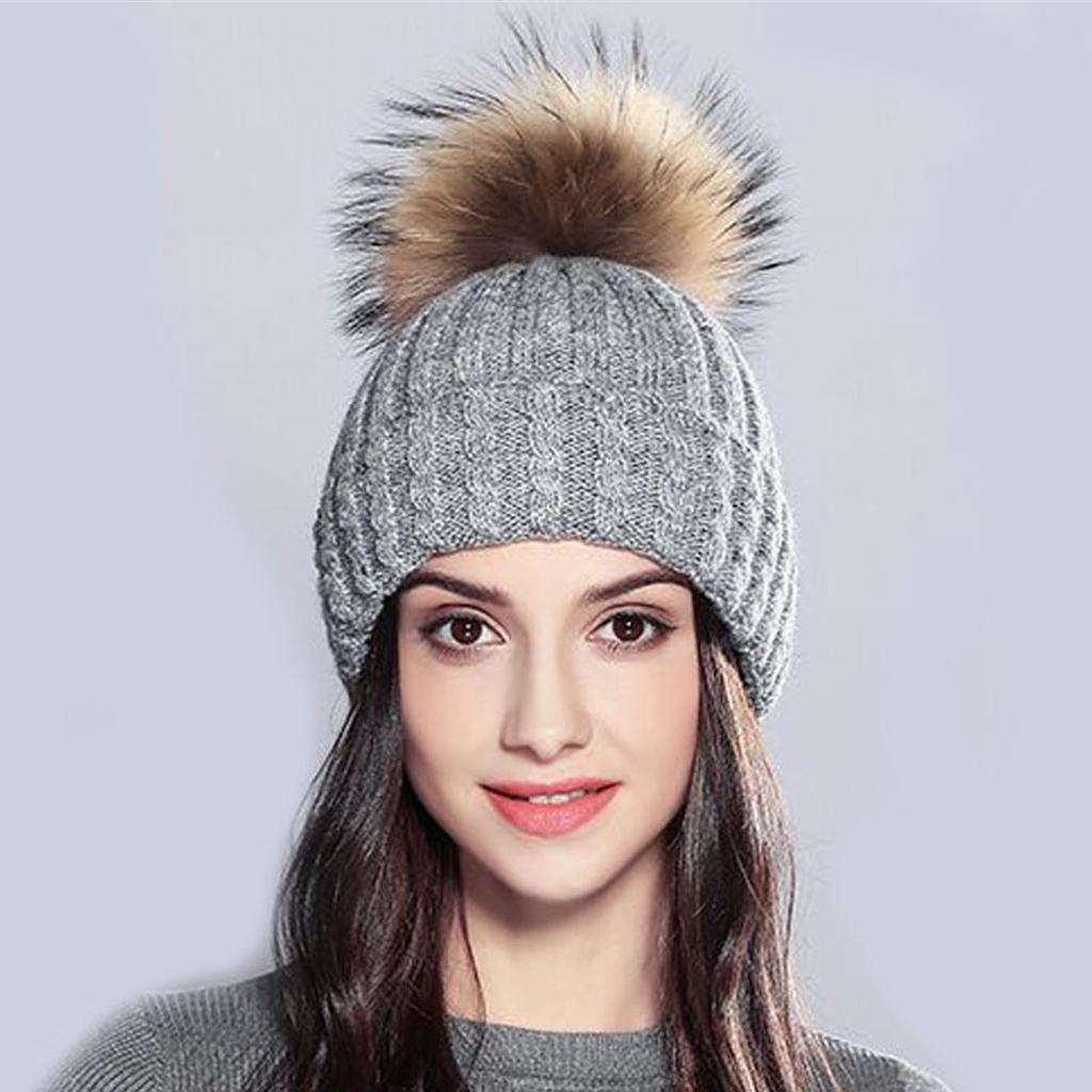 Buy Knitted Hat for Women Winter Hat Wool Luxury Beanies Skullies Real Fur Pom Hat for Girl ...