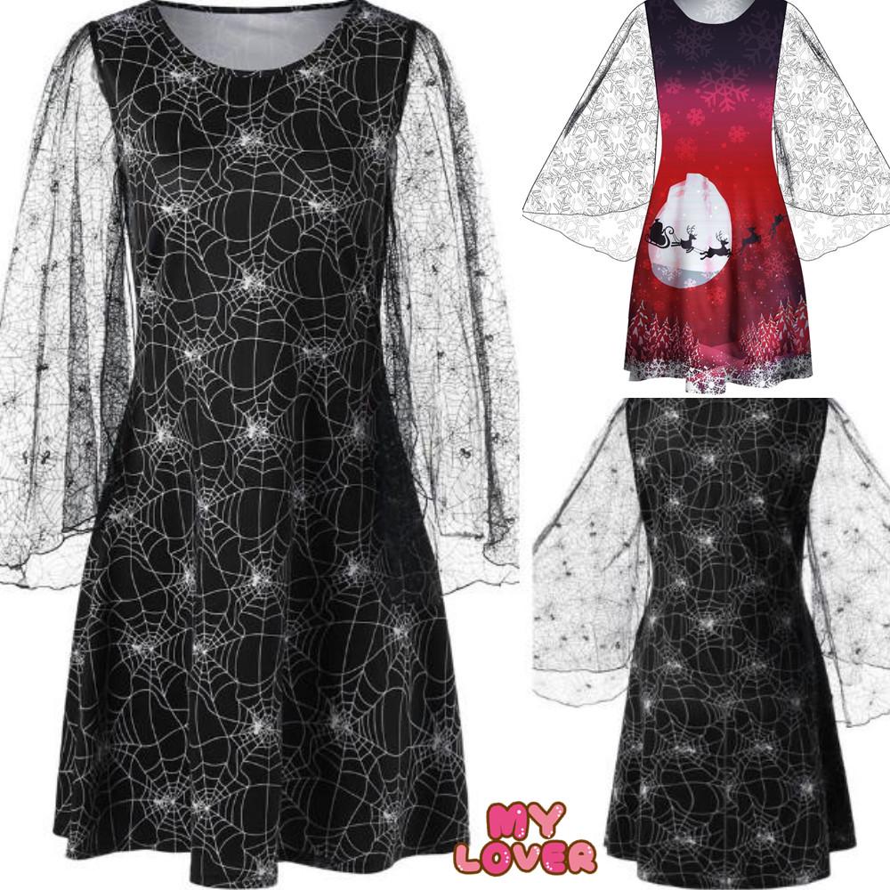 Buy Women Loose Halloween Party Cobweb Print Yarn Long Sleeves Mini ...