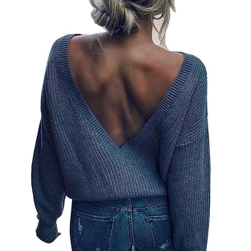 Buy Women Sexy Deep V Neck Sweater Women Open Back Drop Shoulder ...