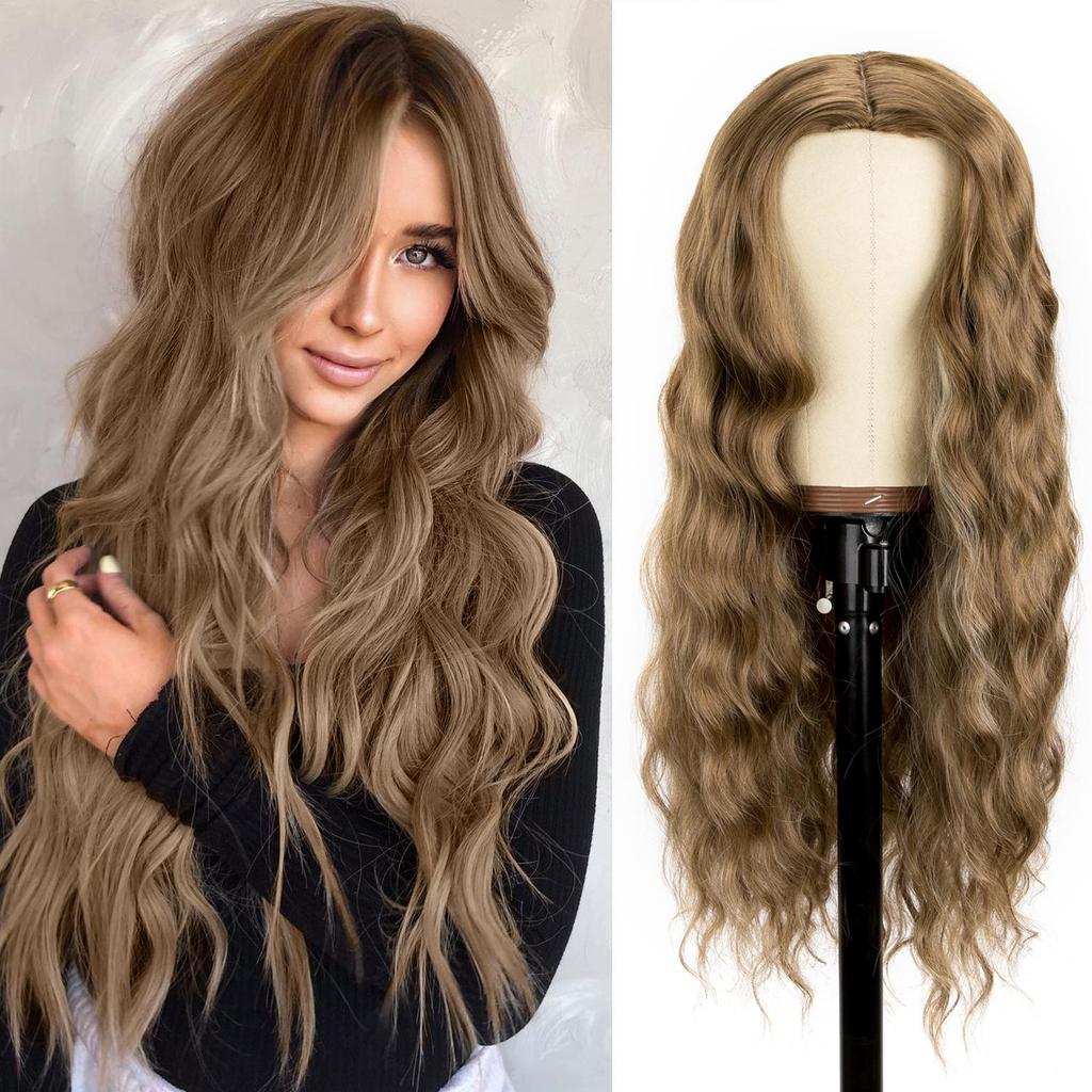 Kadınlar için Uzun Dalgalı Peruk Orta Kısım Isıya Dayanıklı Sentetik ...