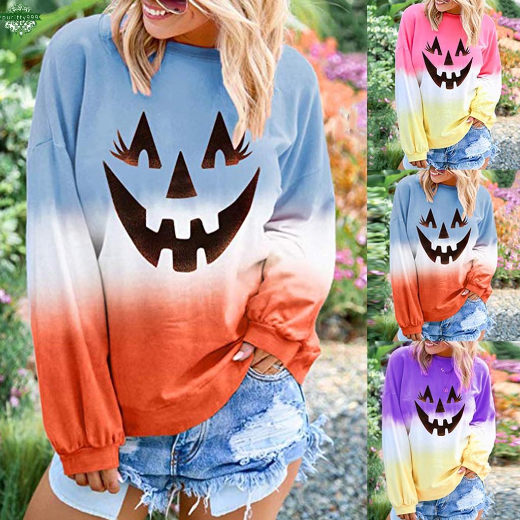 Buy Halloween Women Long Sleeve Sweatshirt Colorblock Tie Printed ...