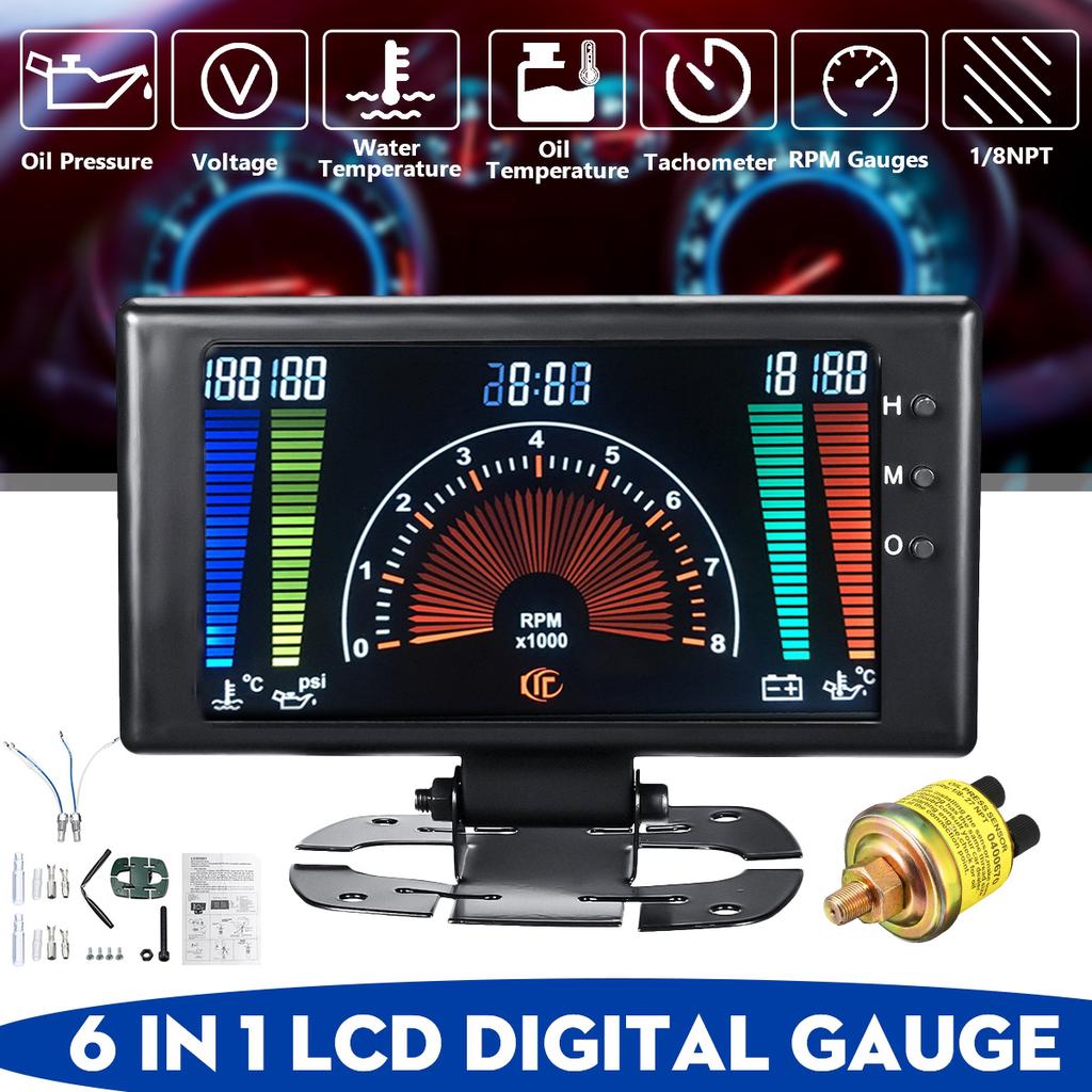 Buy Car 6 In 1 LCD Car Digital Gauge Oil Pressure Voltage Water ...