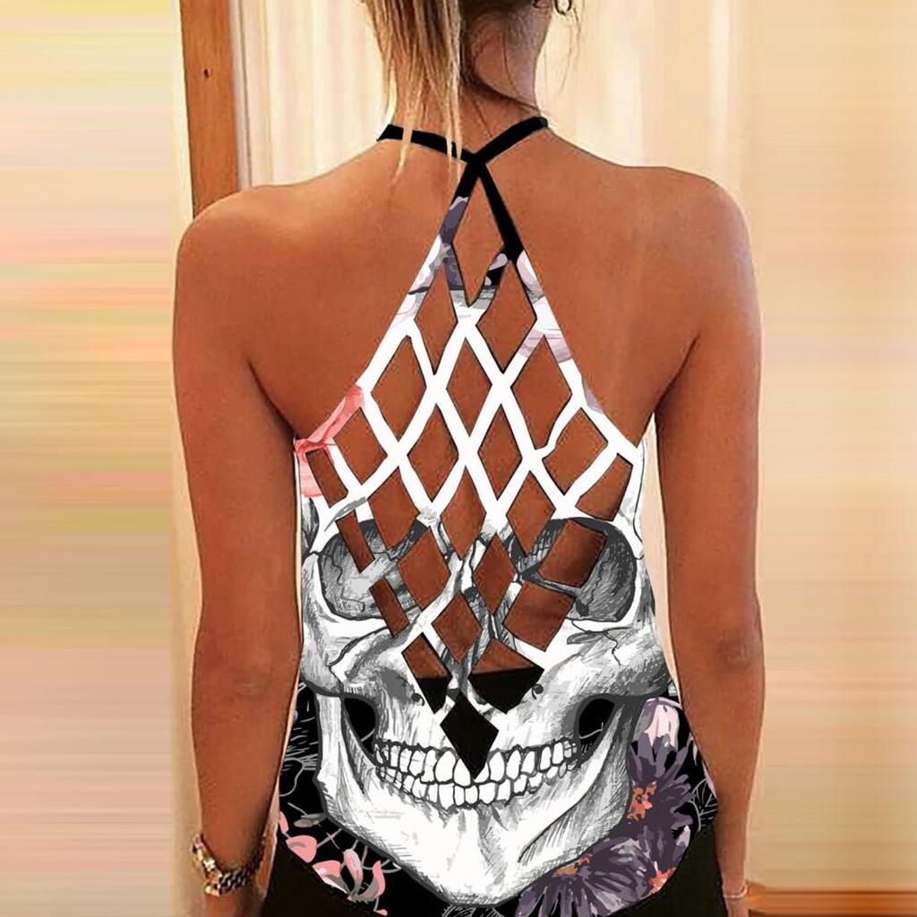 Buy DRE Womens Summer Sleeveless Personalized Printed Sexy Cross Strap ...