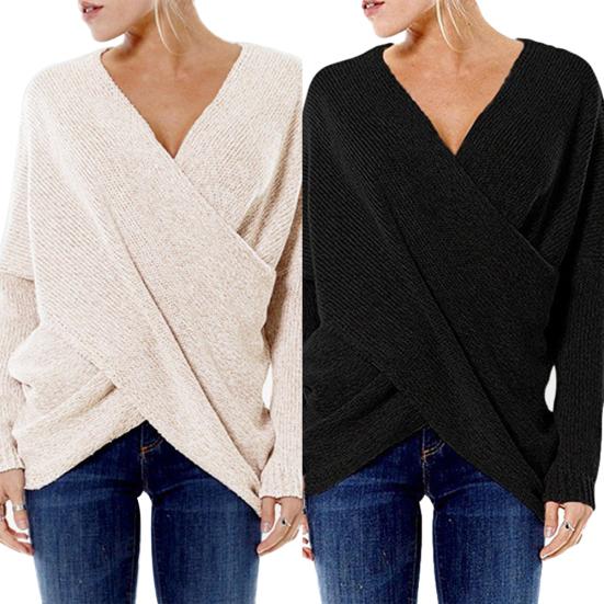 Buy Women V Neck Cross Long Sleeve Front Irregular Hem Jumper Solid ...