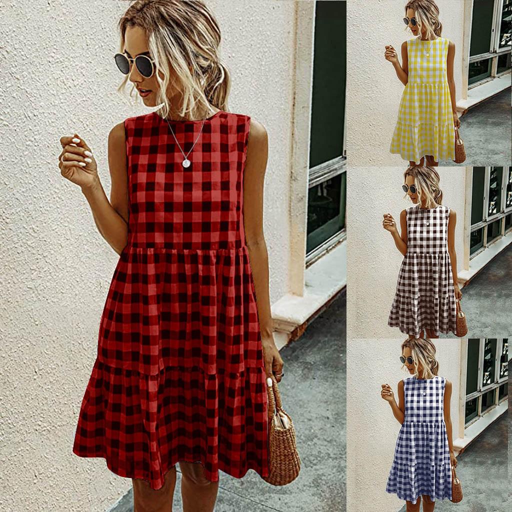 Buy Women Plaid Sleeveless Summer Casual Sundress A Line Mini Dresses ...