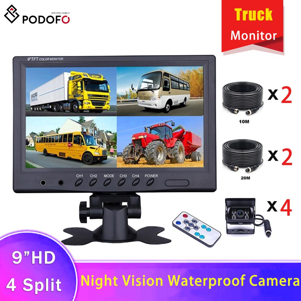 Podofo 9" 4 Split Truck Monitor with 4pcs Rear View Camera 2pcs 33ft ...