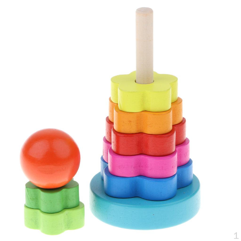 Wooden Rainbow Stacking Ring Blocks Tower Kids Toddler Educational Toy ...