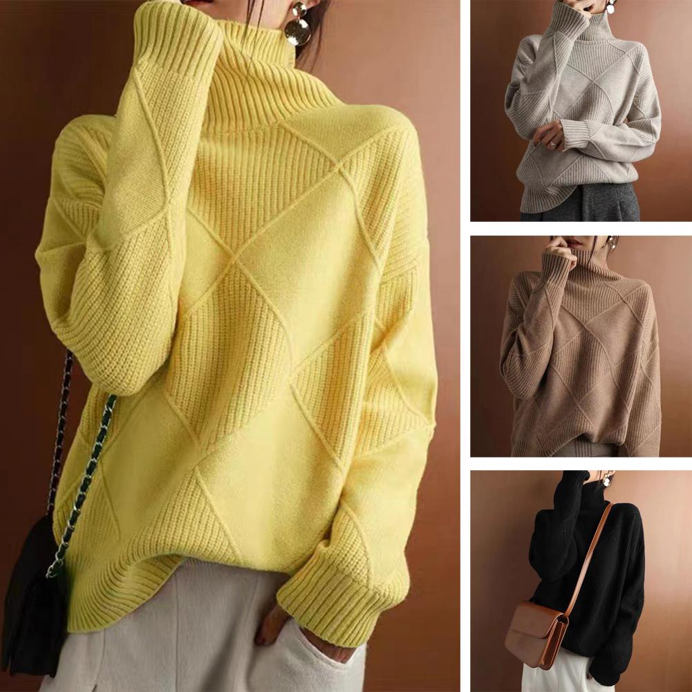 Cheap Chic Pullover Sweater Rhombus Texture Cold Resistant Elastic Female Winter Pure Color ...