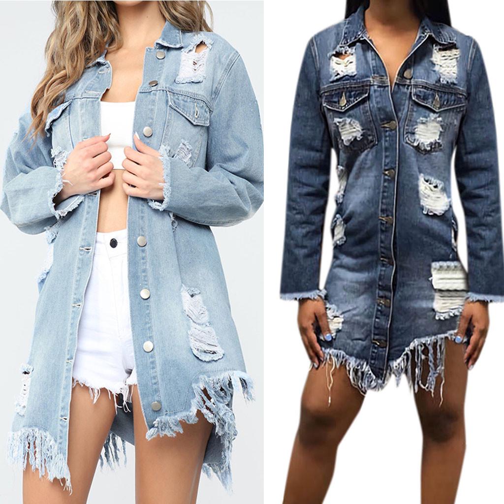 Buy Women Ripped Long Denim Coat Ladies Casual Tearing Style Button ...