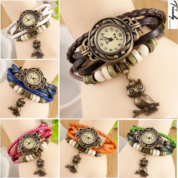 Buy Hippie Bohemian Style Women Girls Leather Bracelet Owl Quartz Boho ...