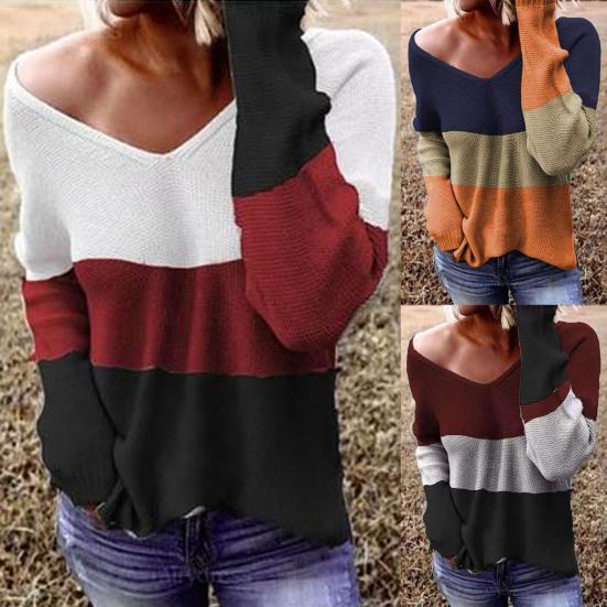 Buy Ribbed Cuff Long Sleeve Winter Striped Knitted Sweater Fall Sweater ...