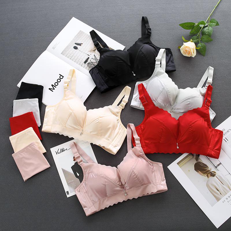 Buy Women Glossy Satin Gathered No Steel Ring Bra Set Solid Color ...