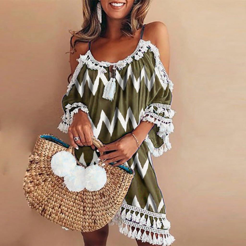 Buy Women Off Shoulder Dress Cocktail Party Beach Dresses Tassel ...