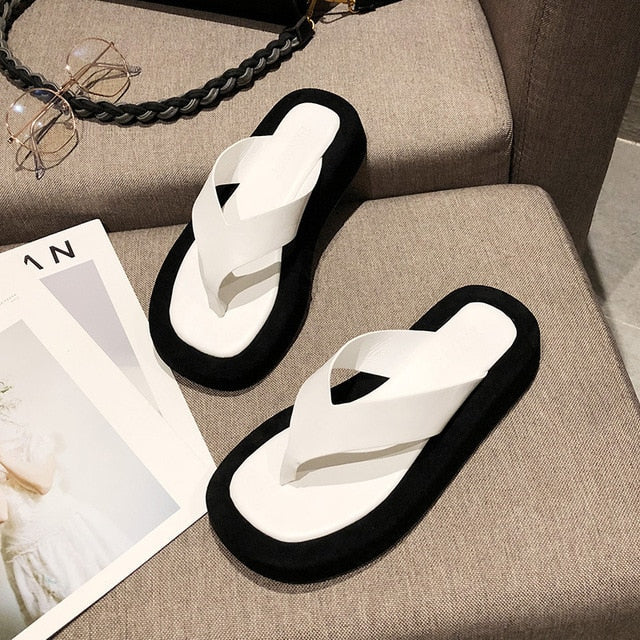 Buy Black White Thick Bottom Flip Flops Women Famous Design Clip Toe ...
