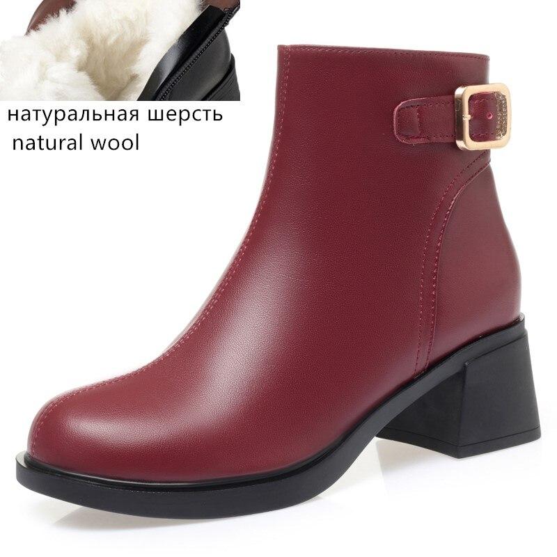 💰Kjøp Women Winter Boots Genuine Leather Mid Heel Thick Wool Warm Women ...