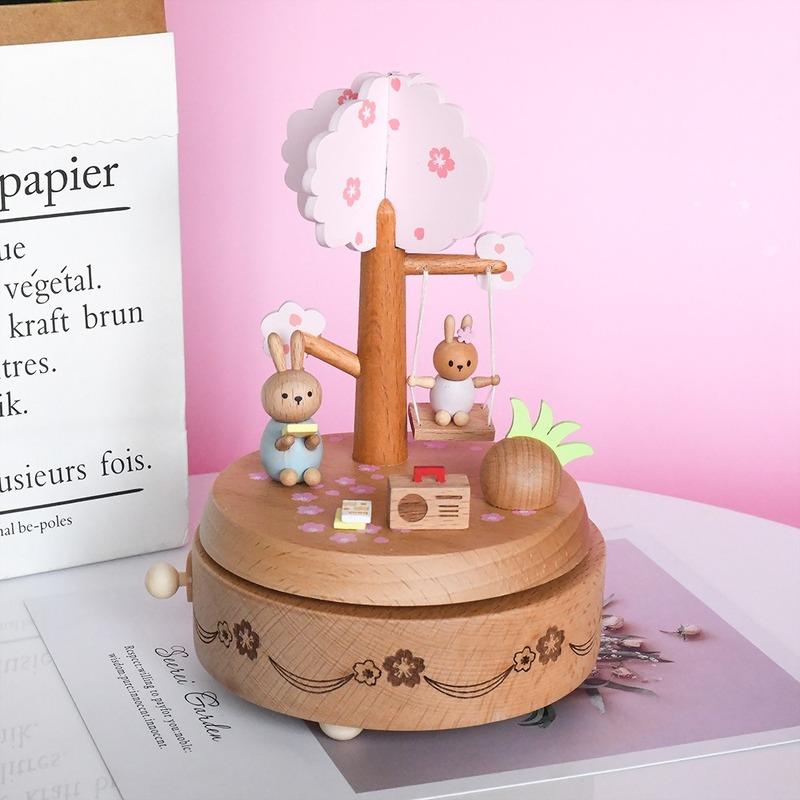 Cheap Creative Powder Wooden Music Box Printing Rabbit Music Box Girl ...