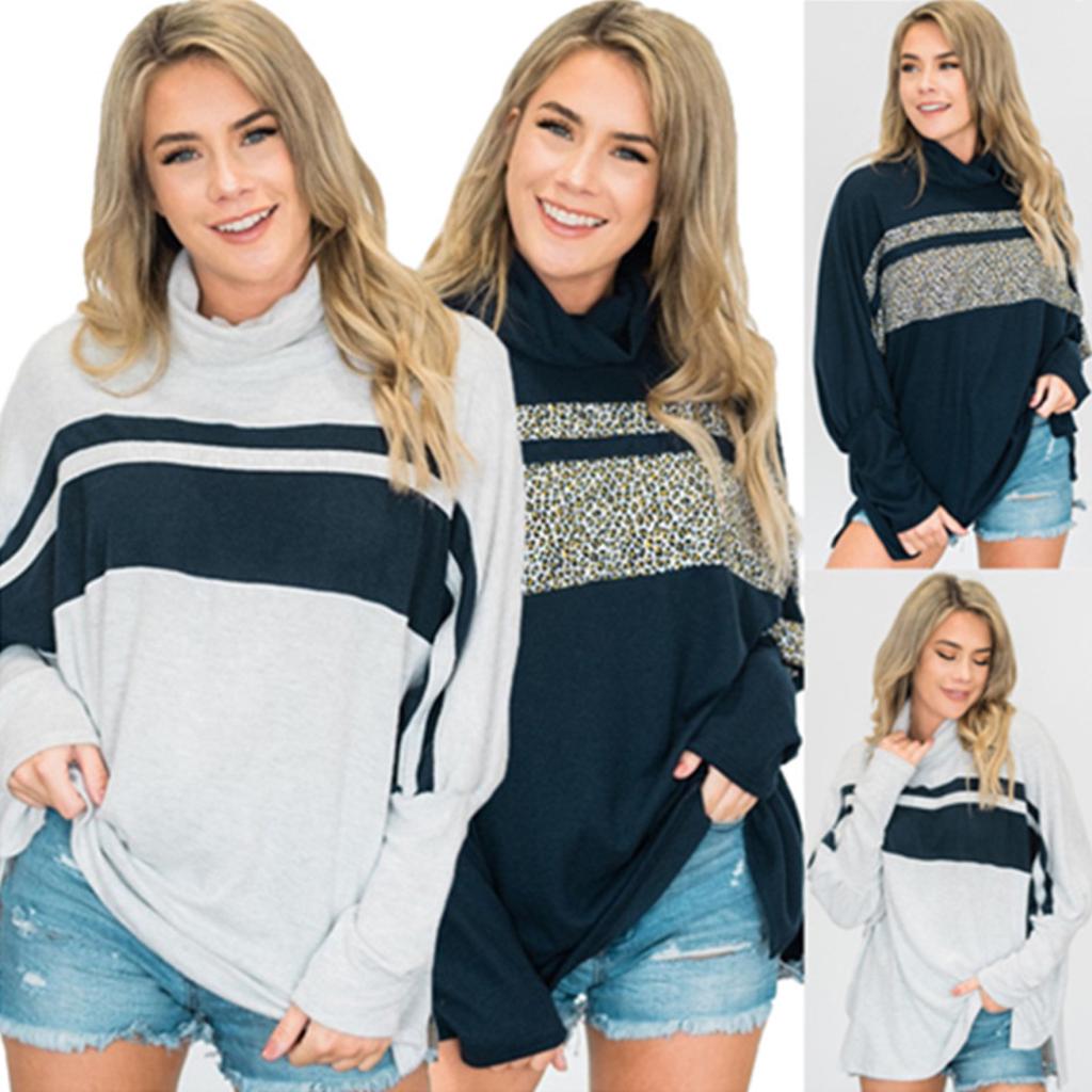 Autumn Women High Collar Sweatshirt Streetwear Stripe Print Long Sleeve ...