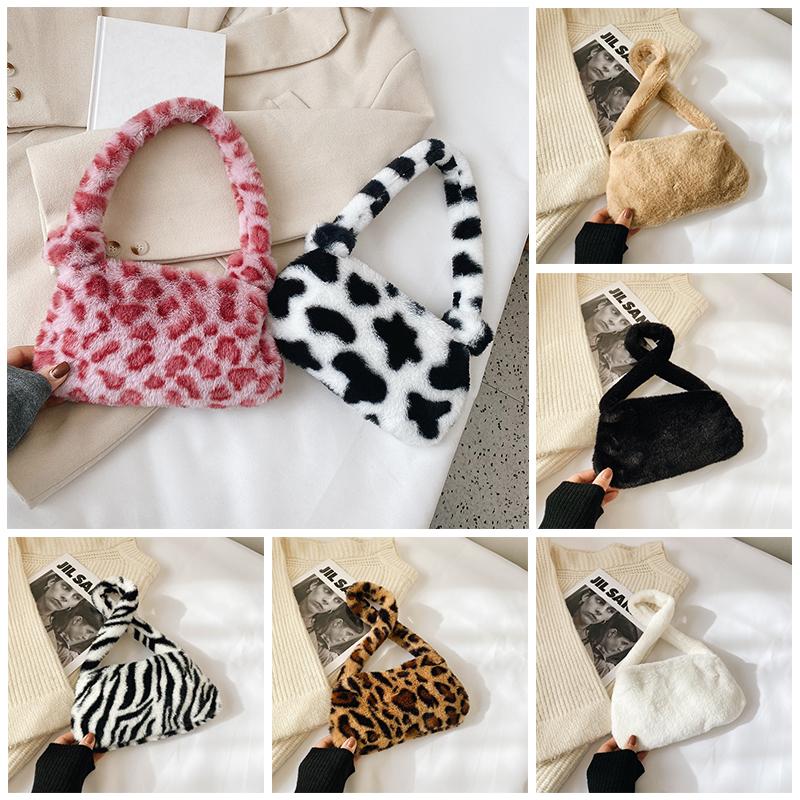 Buy Women INS Leopard Zebra Patter Fluffy Tote Bag Mini Underarm Bags ...
