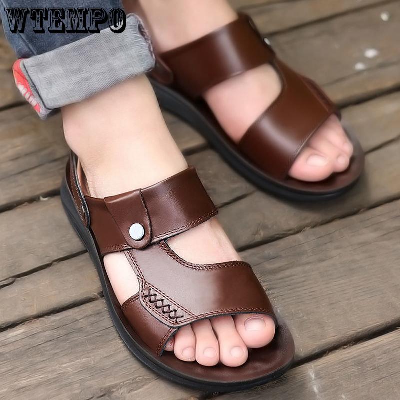 Купити Cowhide Genuine Leather Men's Sandals Men's Summer Beach Shoes ...