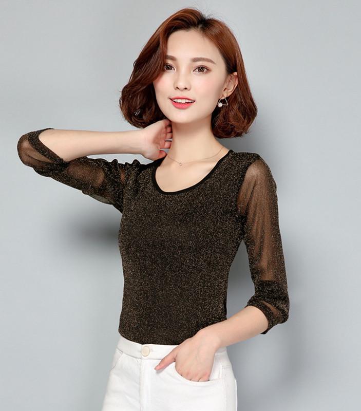 Buy Fashion Women Long Sleeve Net Yarn T Shirt Casual Tops Slim Blouse ...