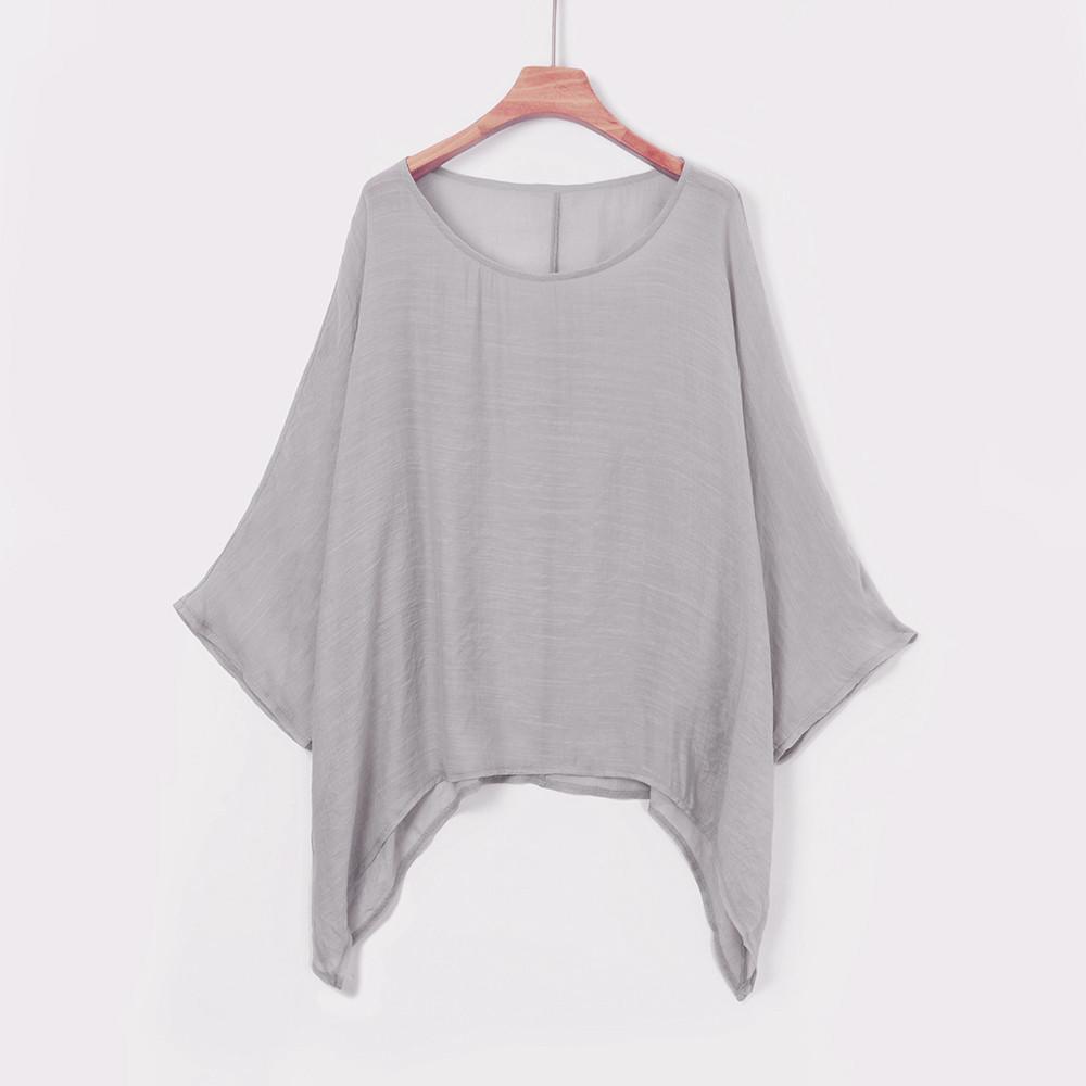 Kadın Düzensiz Kollu ve Hem Bluz Moda Katı Renk O-yaka Casual Top uygun ...