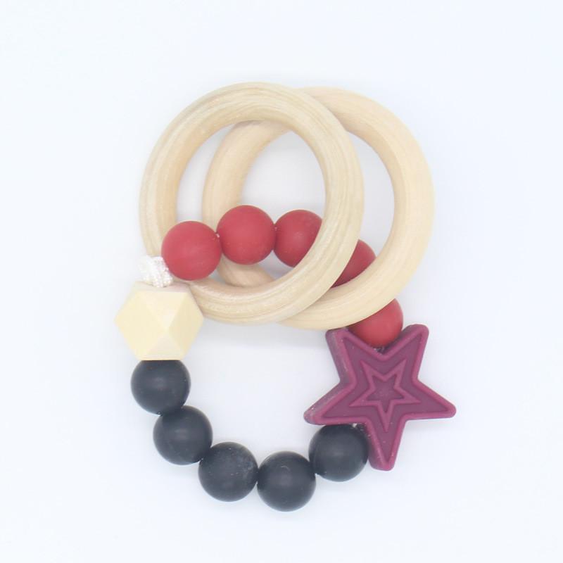 Buy Silicone Beads Baby Teething Bracelet Natural Wooden Ring Chewable ...