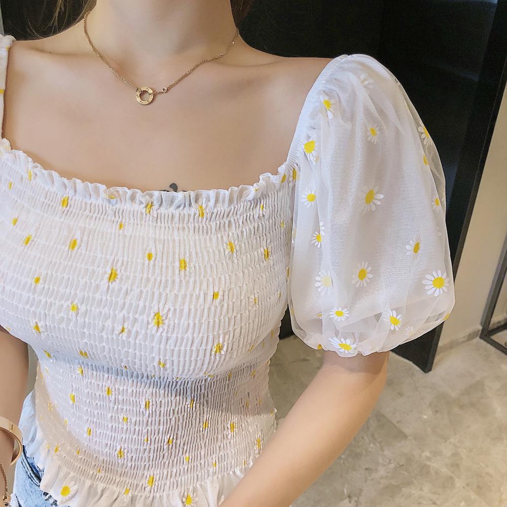 Buy Womens Square Collar Tops One Shoulder Blouse Daisy Printed Crop ...