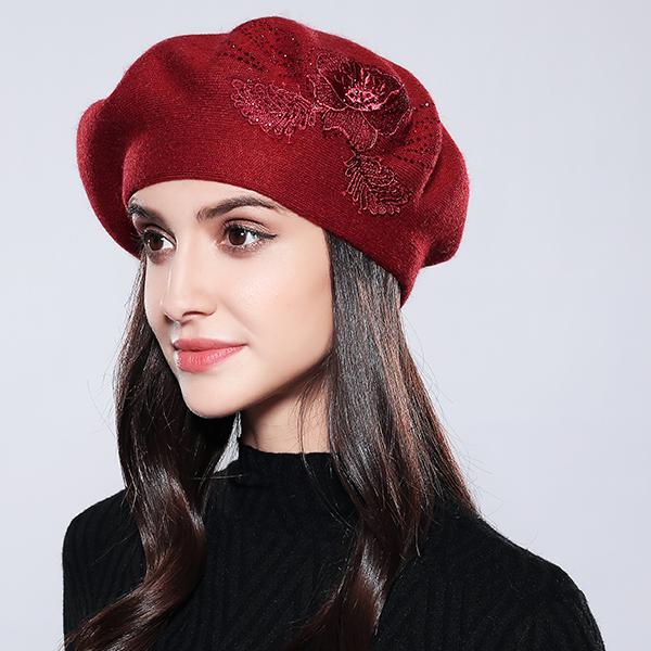 Buy Bonnet Femme Women Beret Cotton Wool Brand Knitted Fashion Flower ...