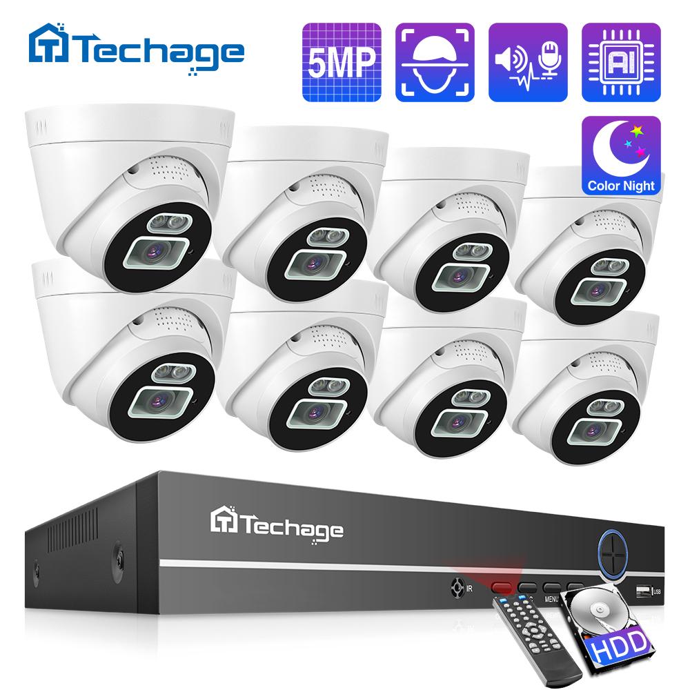 Techage 5MP Video Gözetim Kamerası 8CH POE NVR AI Yüz Algılama Dome Kapalı İki Yönlü Ses ...