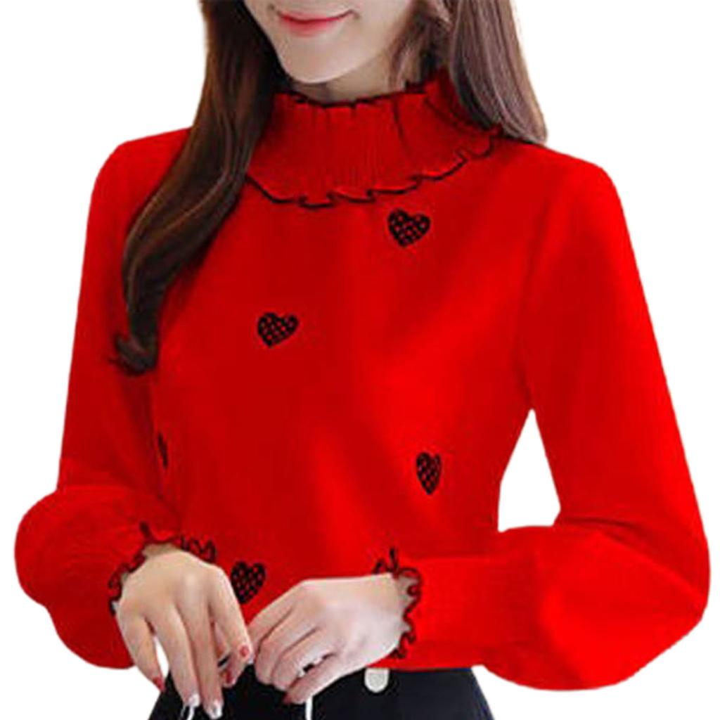 Buy Women Long Neck Blouse Heart Turtle Pattern Autumn Top Pullover at ...