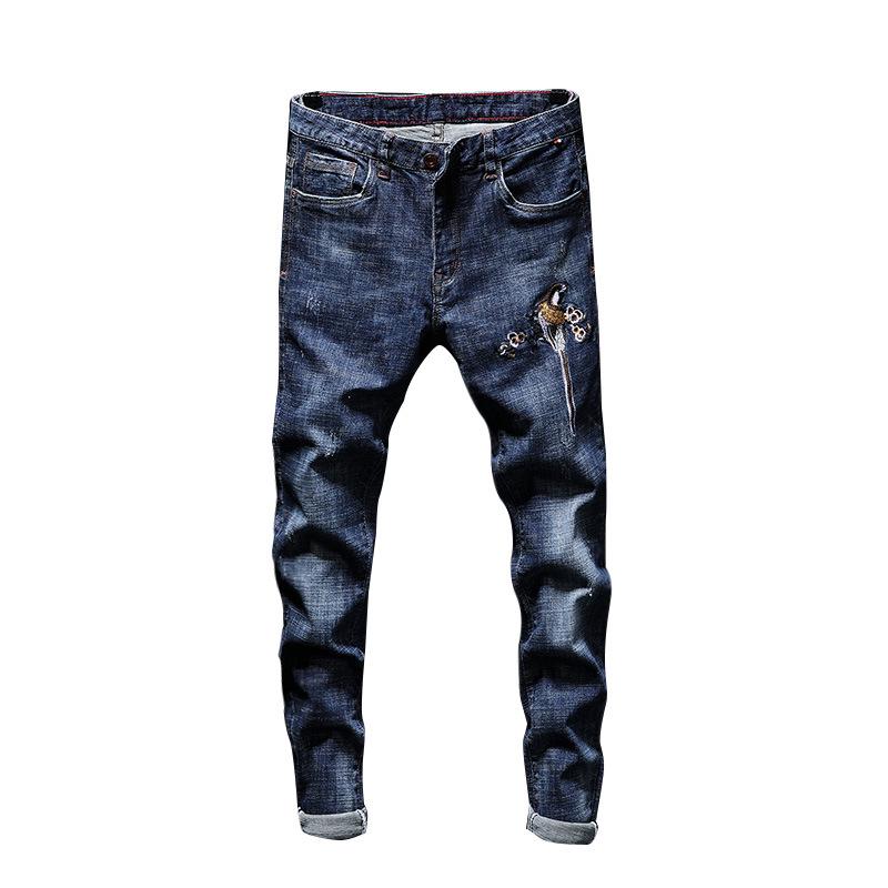 Buy New Small Straight Stretch Jeans Embroidered Slim Men's Tide Pants ...
