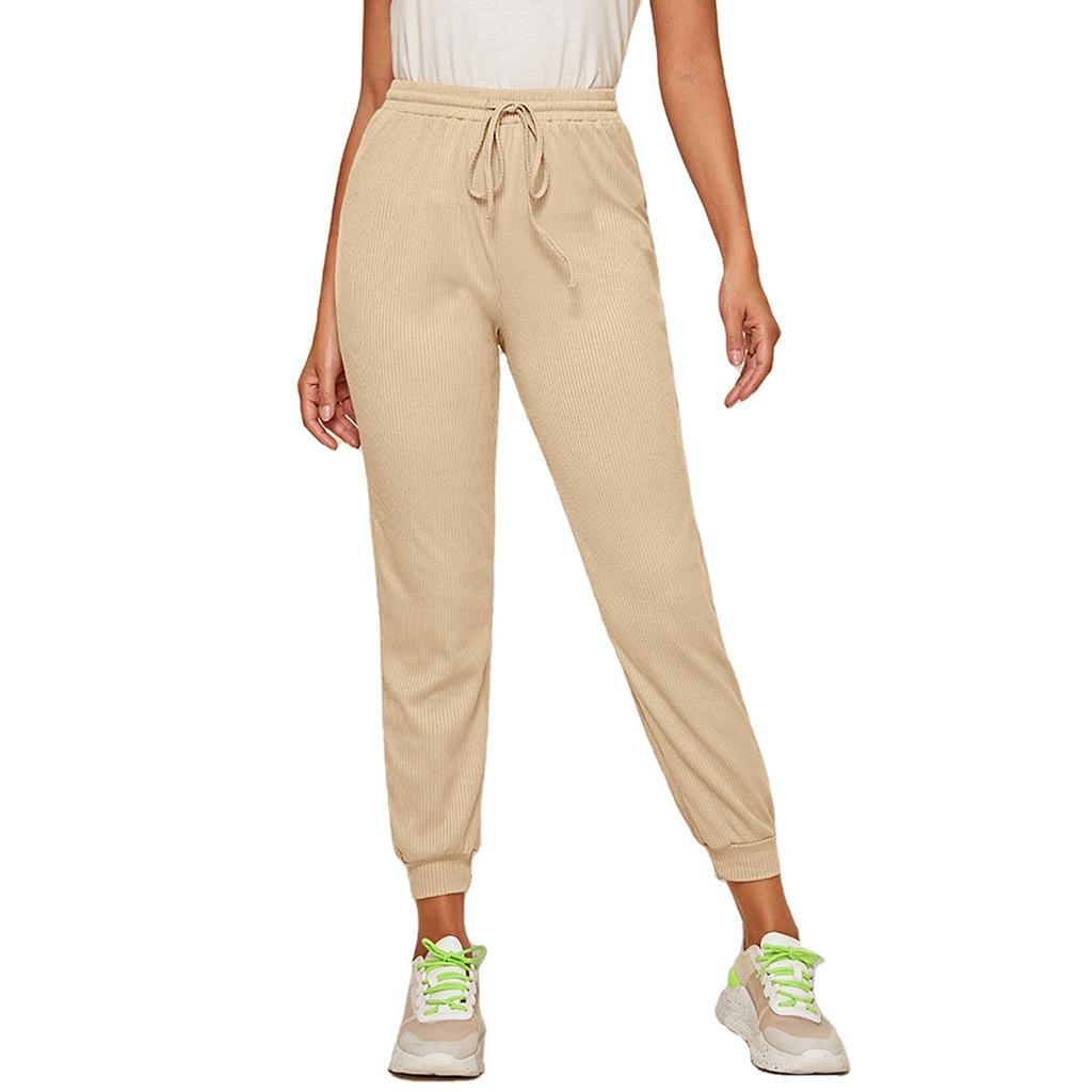 Buy Hottest Women Solid Color High Waist Drawstring Ribbed Slacks at ...