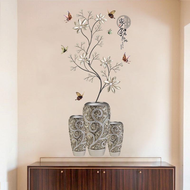 Buy 1PC 90*60cm Silver Vase Flower Wall Stickers Art Butterfly Tree ...