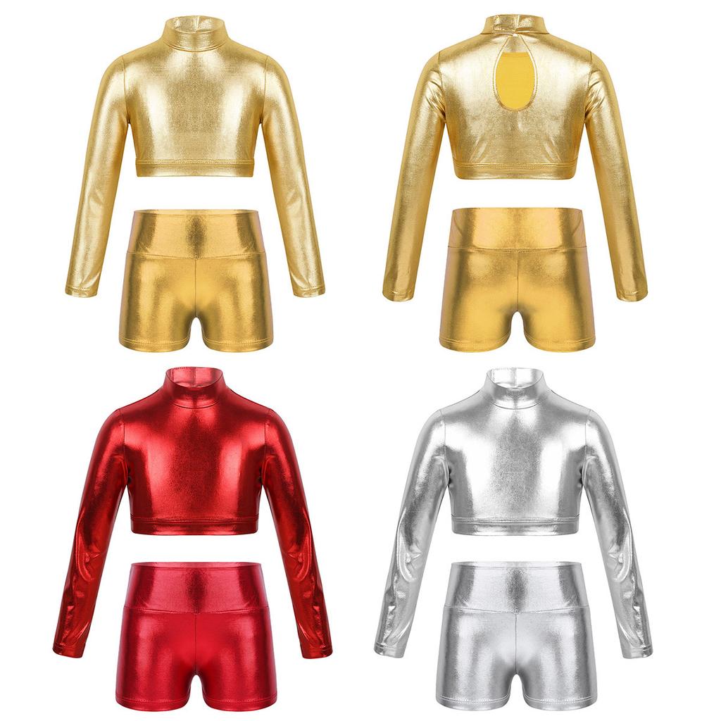 Купити Kids Clothes Girls Dance Sets Shiny Metallic Long Sleeve Crop ...