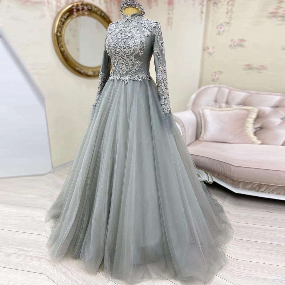 Buy Modest Muslim Hijab Evening Dresses A-Line Tulle Appliques Lace ...