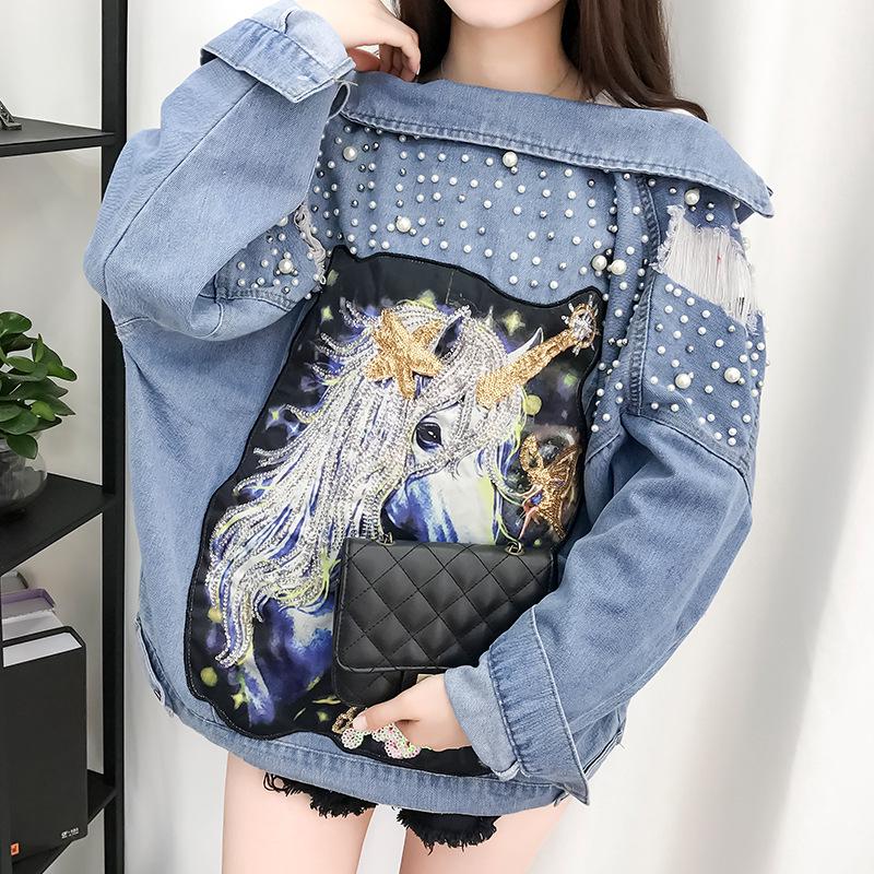 Buy Pearl Jacket Women Tearing Hole Sequin Lapel Long Sleeve Jean Coat ...