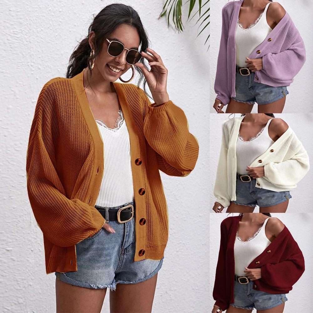 Satın alın Autumn Fashion Sweater Solid Color V-neck Casual Cardigan ...