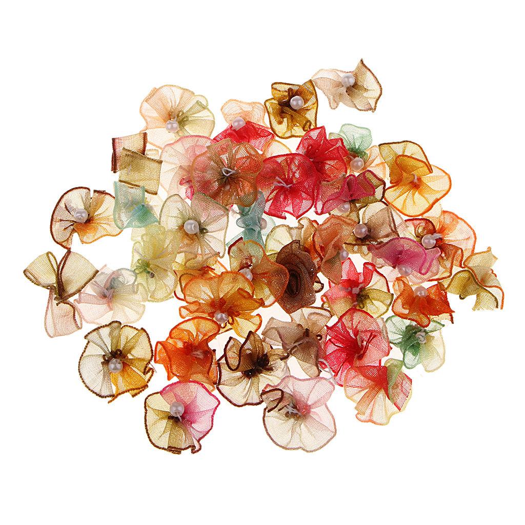 40 Chiffon Flowers with Pearl Flatback Buttons Embellishment DIY Craft ...