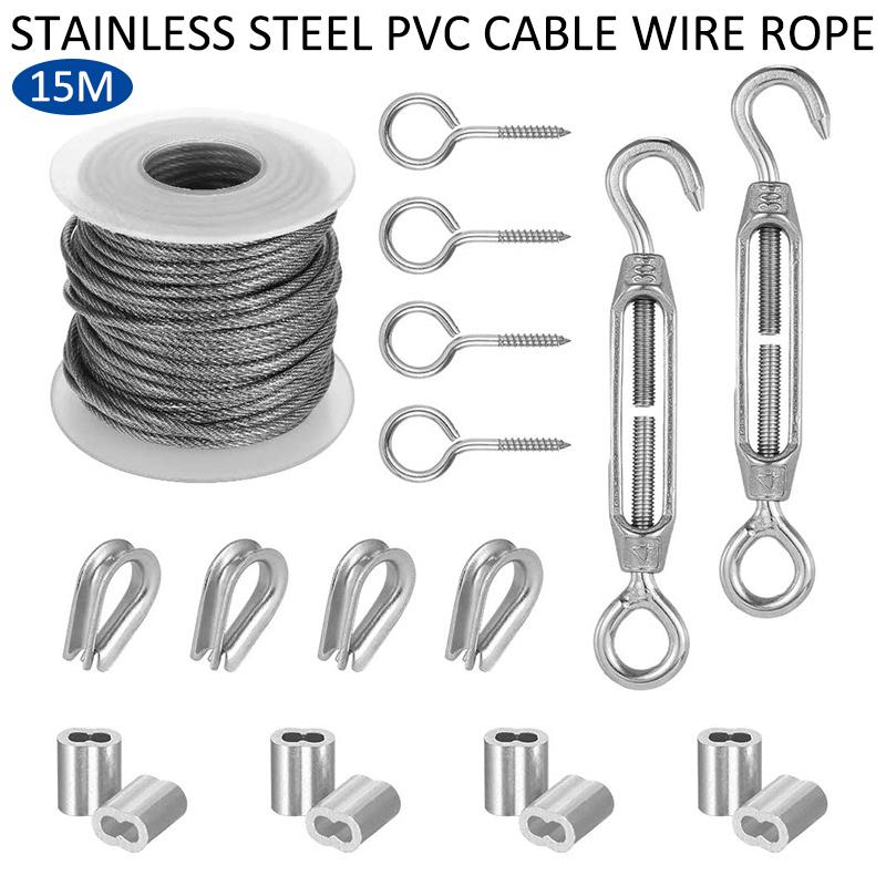 Buy 15M 2mm Stainless Steel Wire Rope Cable Hooks Hanging Kit Set at ...