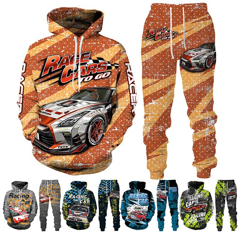 Buy Autumn 3D Racing Car Printed Hoodie Pants Set Casual Pullover ...