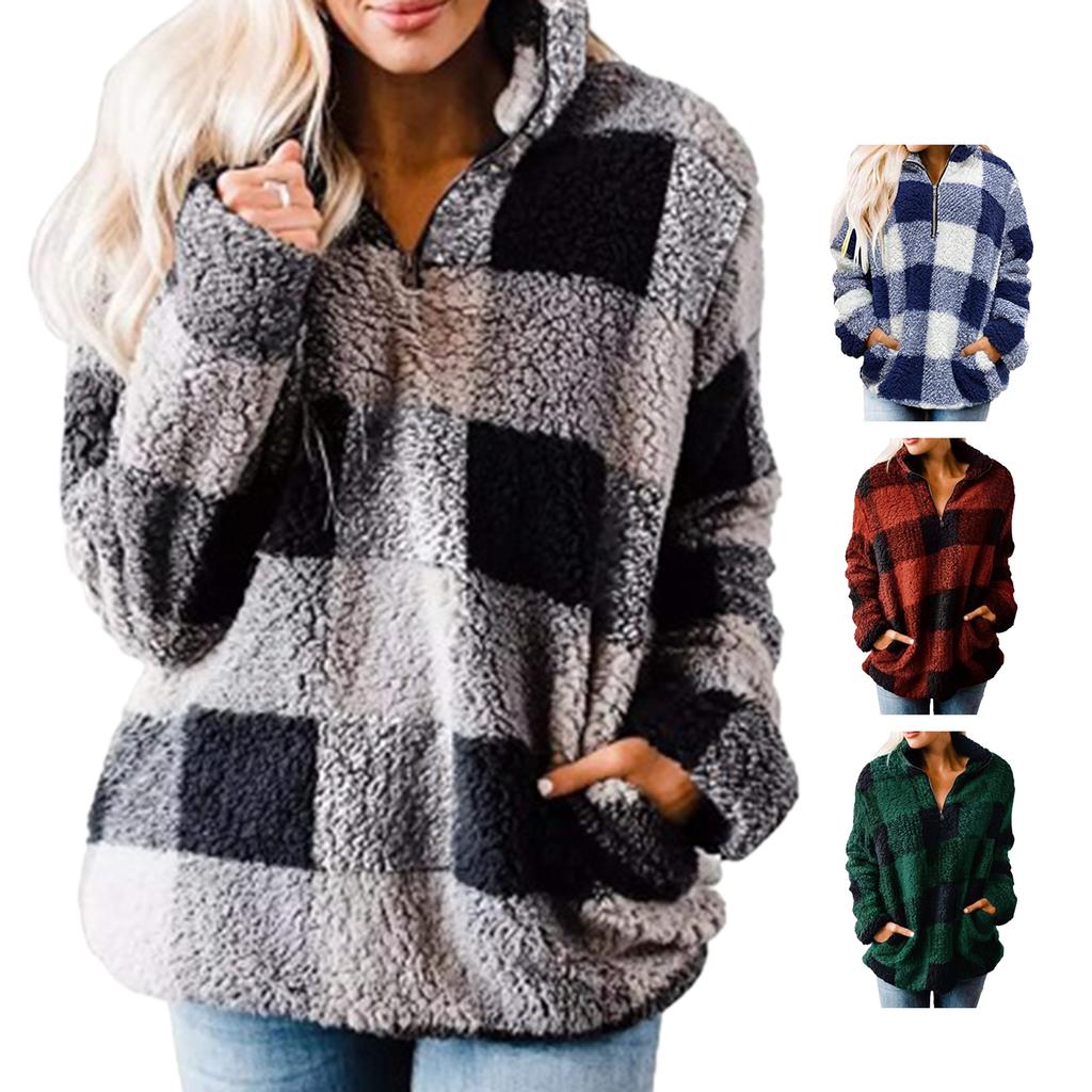 Buy Women Plaid Long Loose Thicken Pockets Sleeve Fleece Jacket ...