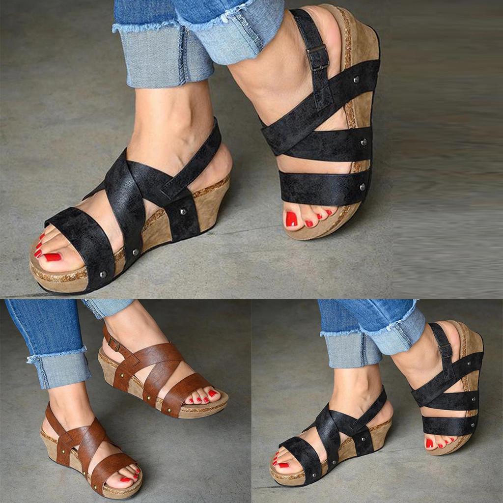 Womens Fashion Platformed Flats Wedges Open Toe Adjustable Ankle Roman ...