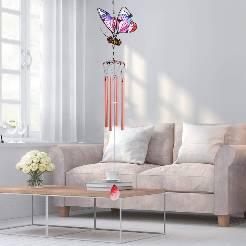Buy AVEKI Butterfly Wind Chimes, 27.5''H Iron Stained Glass Butterfly ...