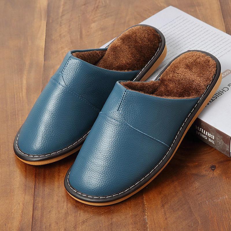 Buy Leather Slippers Men and Women Couples Indoor Antiskid Winter Home ...