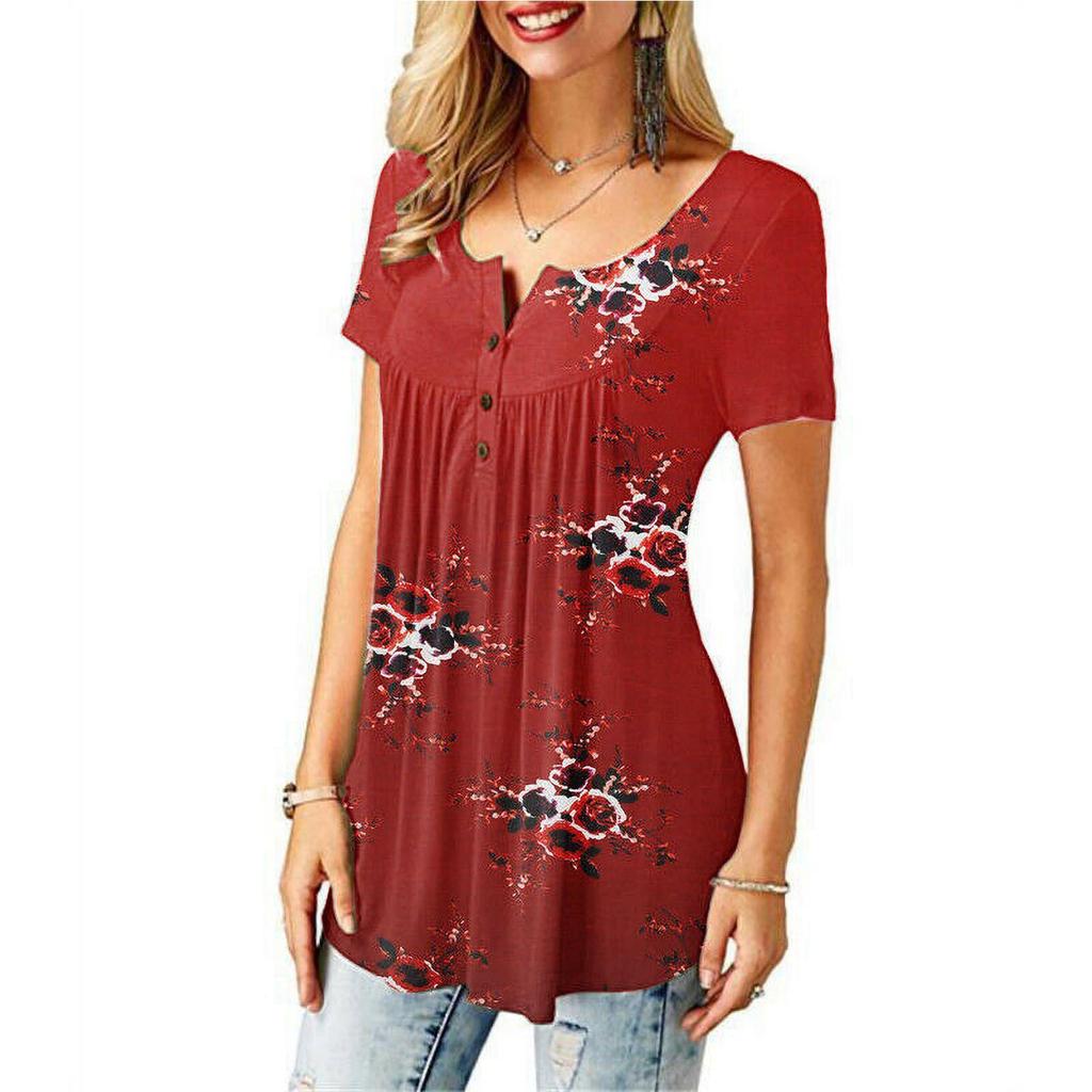 Cheap Womens Summer Floral V Neck Blouses Loose Baggy Tops Tunic T ...